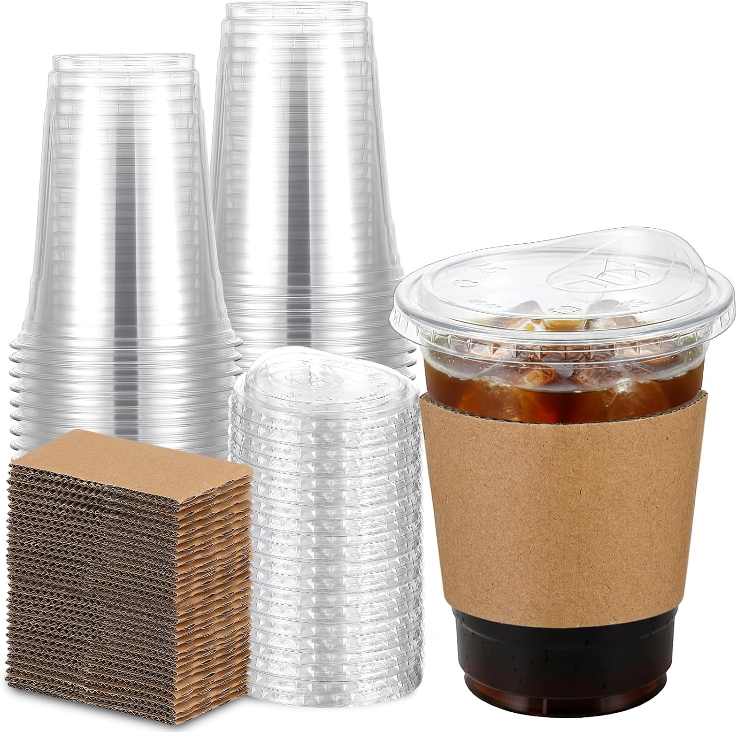 50 Pack Clear 16 oz Plastic Cups with Strawless and Sleeves Disposable ...