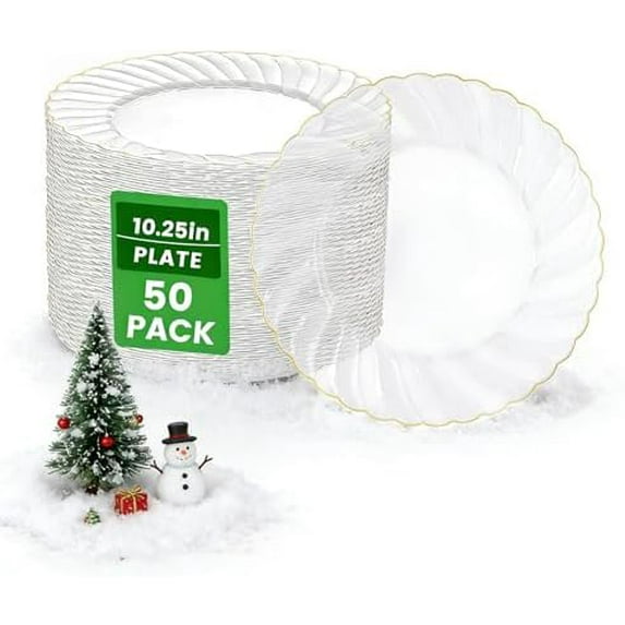 50 Pack Clear Scalloped Plastic Plates - 10.25 Inch Clear Gold ...