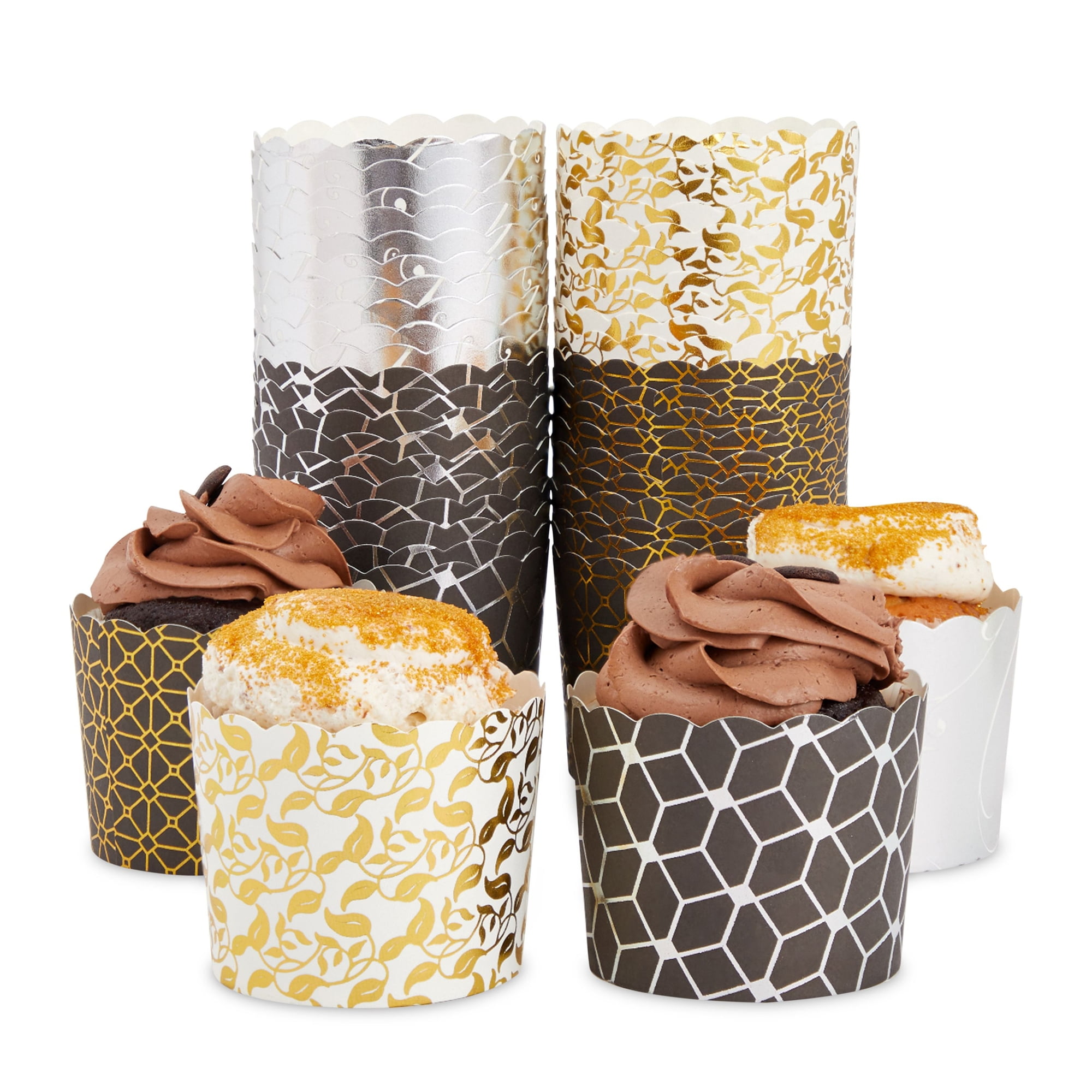 BLUE PANDA Cupcake Liners - Gold & Silver Tulip Design Fancy Muffin ...
