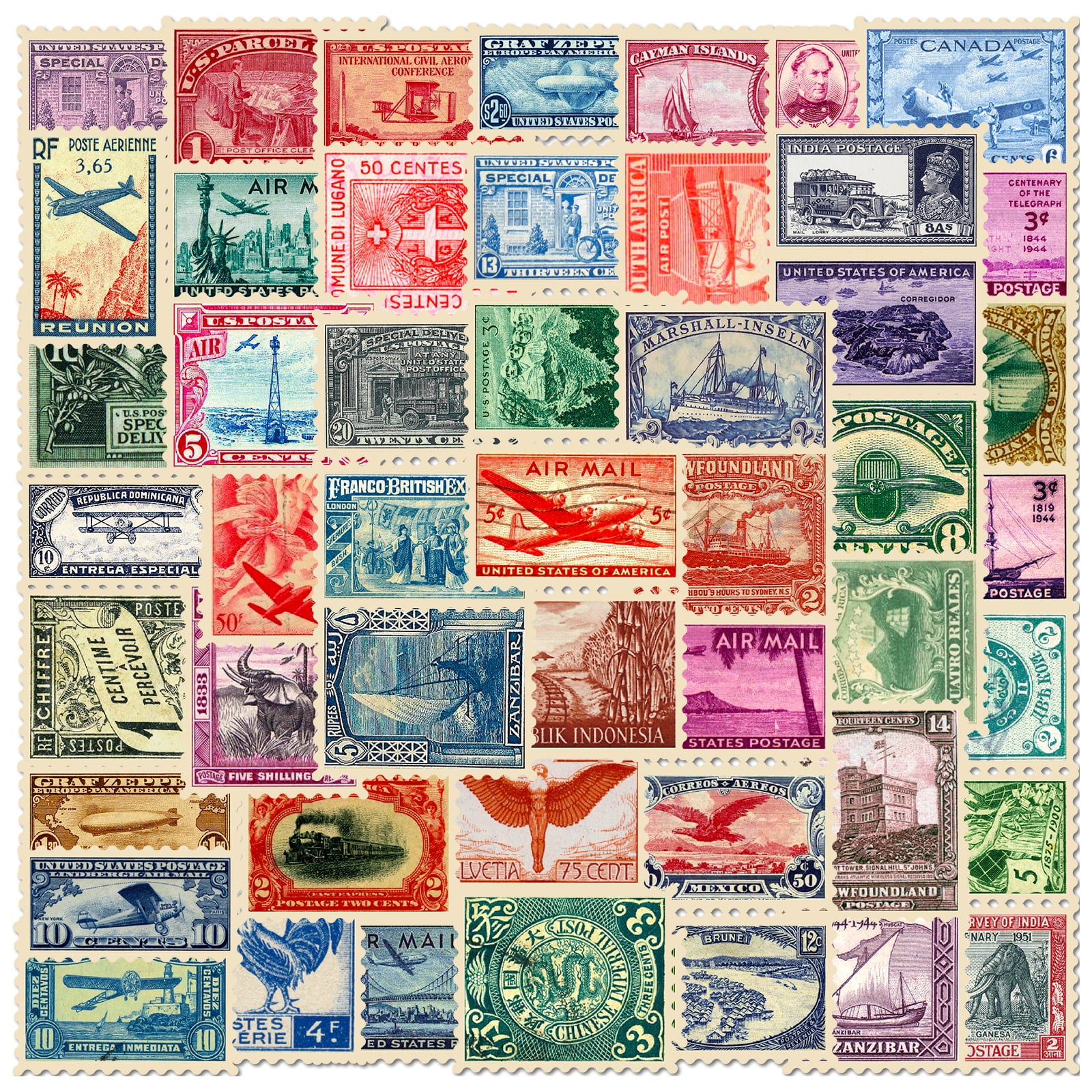 50-Pack Currency and Stamp Stickers - Vintage Retro Travel City ...