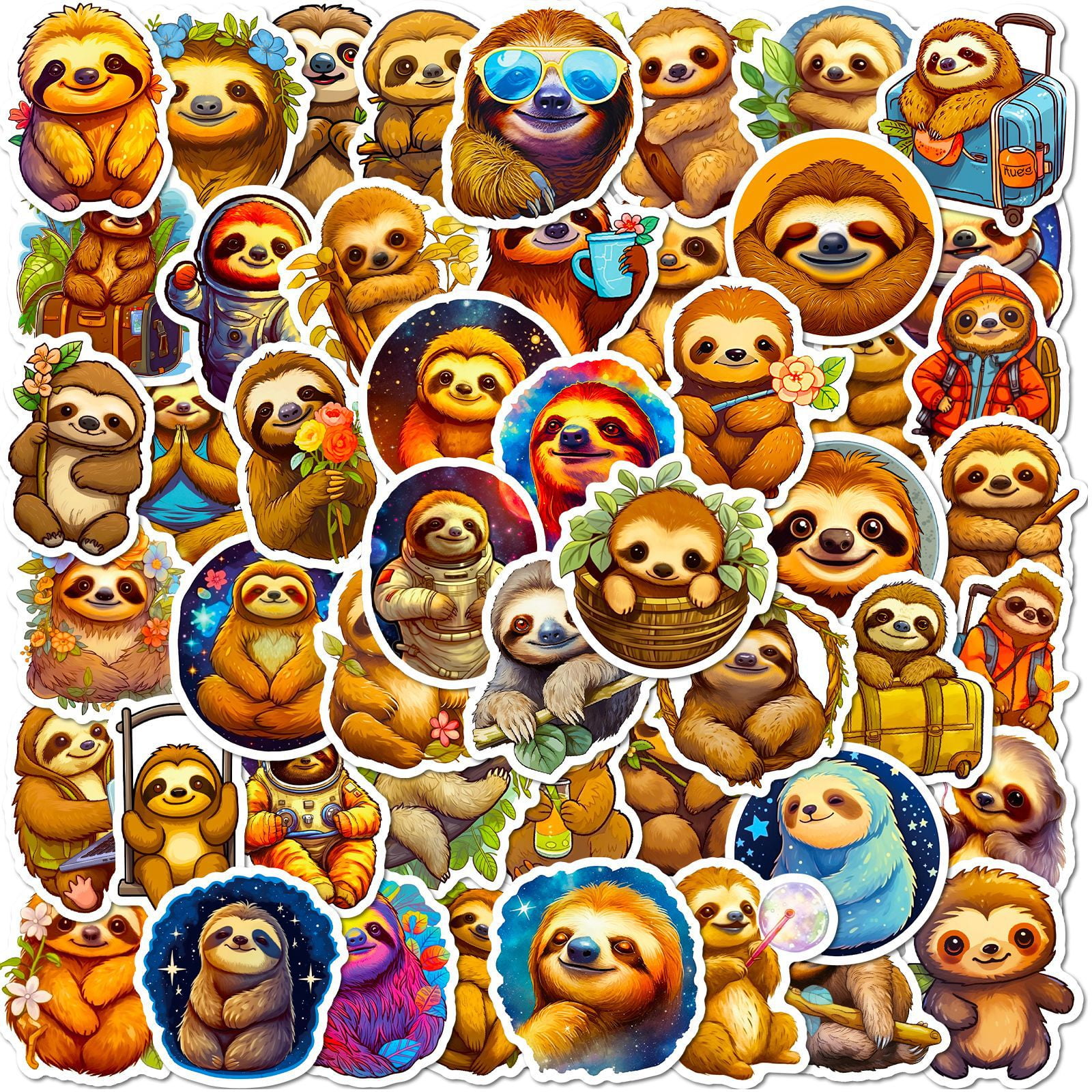 50-Pack Cute Cartoon Sloth Stickers - Adorable Sloth Doodle Designs for ...