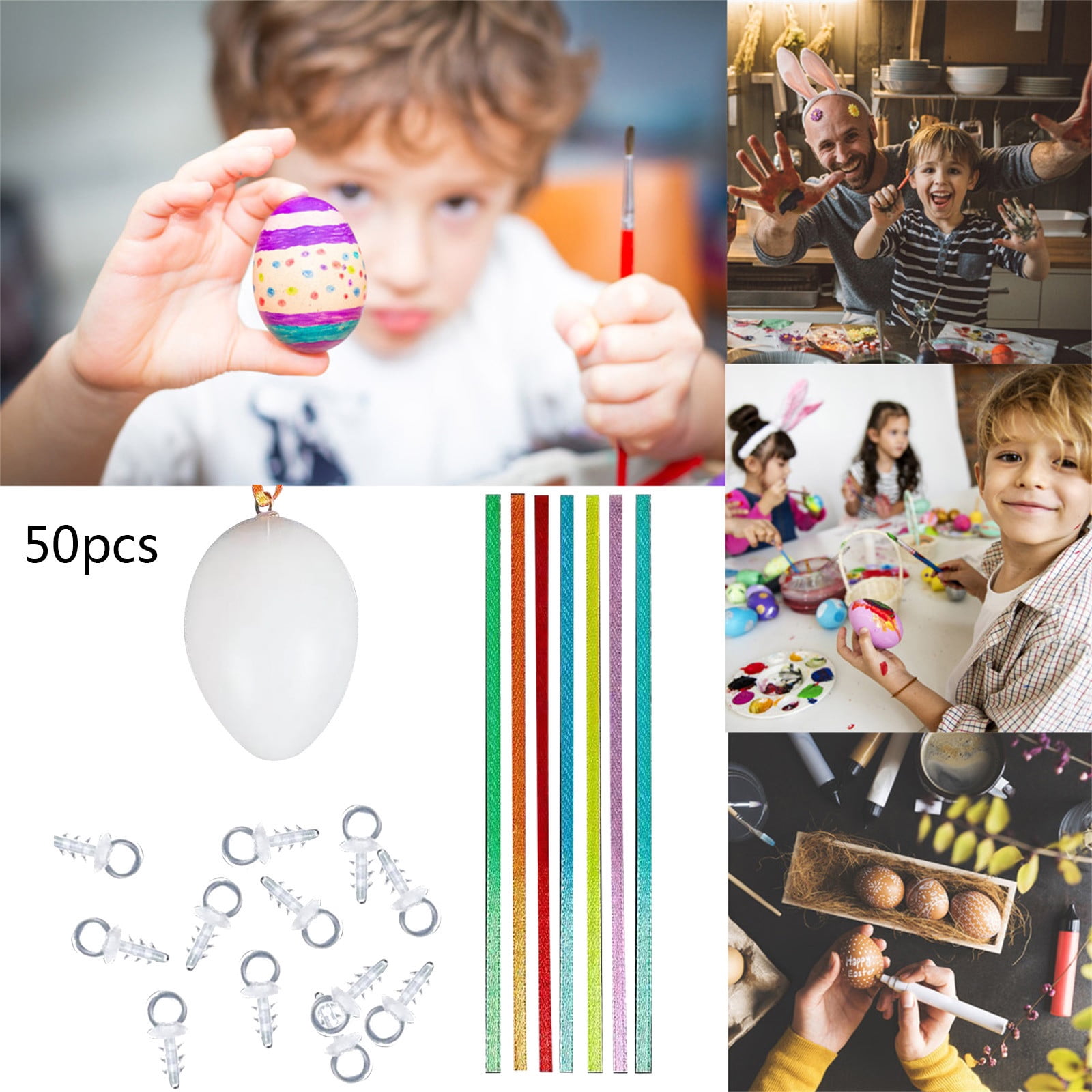 50-Pack DIY Plastic Easter Eggs with String - 2.4 Inch Colorful Fake Eggs for Painting ...