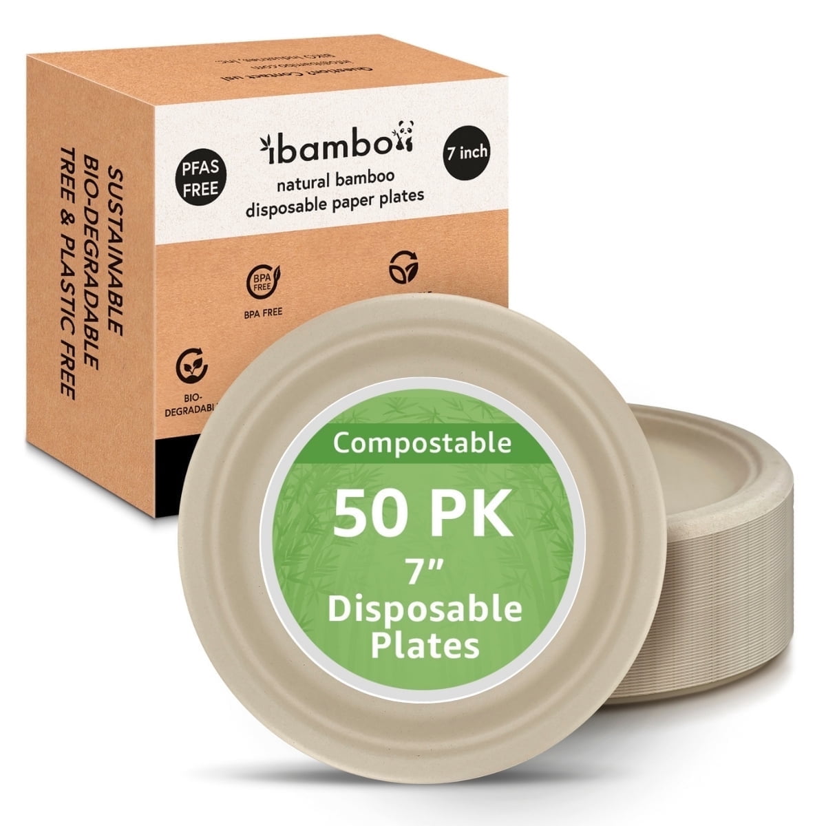 Ibambo Bamboo Disposable Plates, Compostable Paper Plates, 7 in., 50 ...