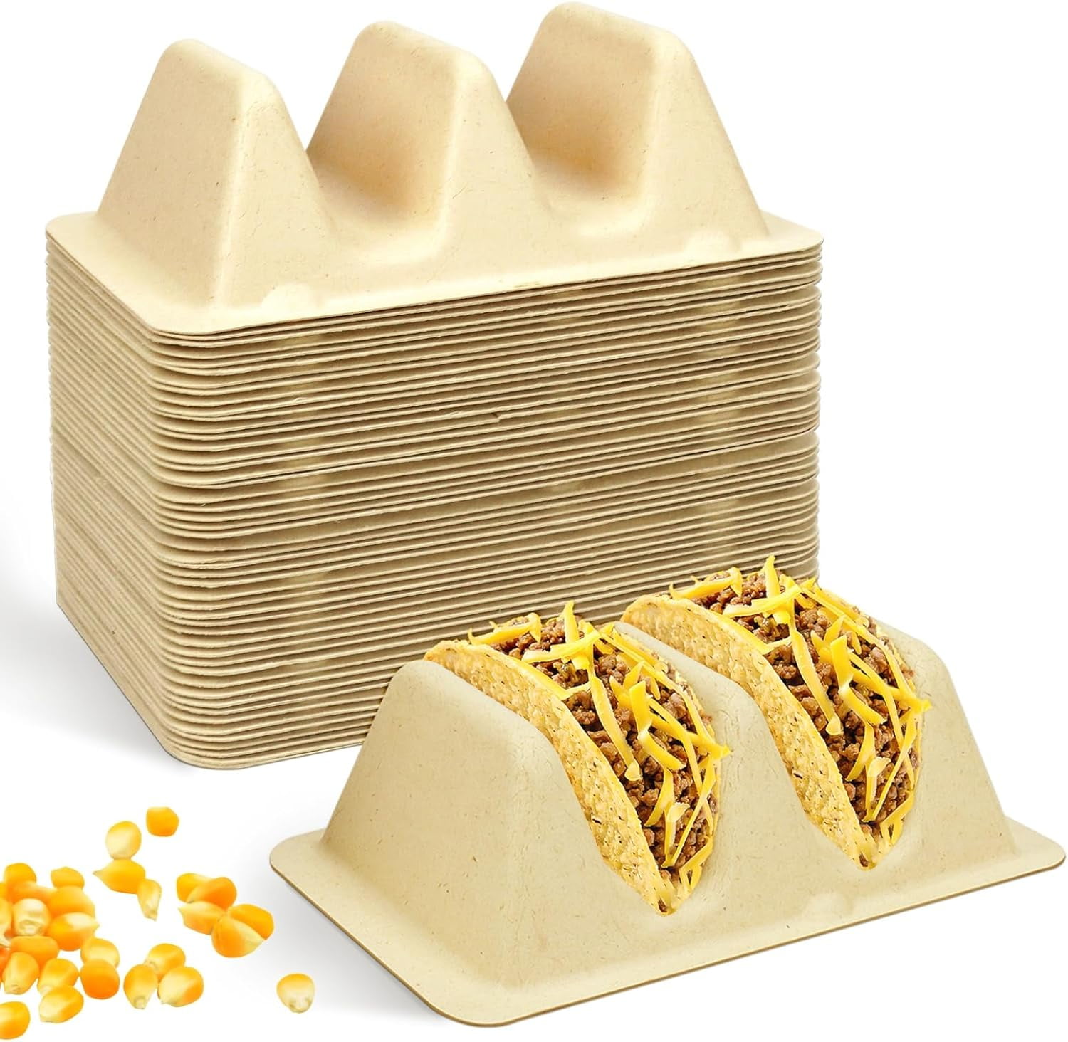 50 Pack Disposable Taco Holders With 2 Dividers, Bagasse Pulp Fiber ...