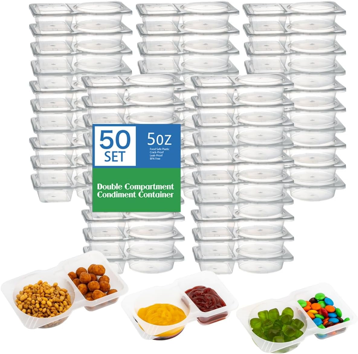50 Pack Double Compartment Condiment Container with Lid, 5oz Disposable ...