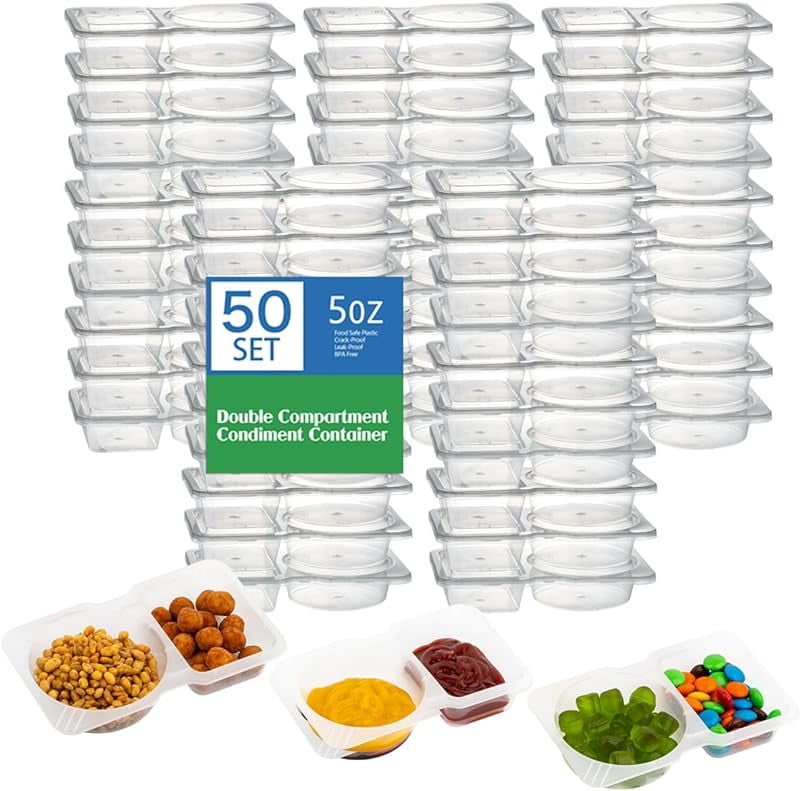 50 Pack Double Compartment Condiment Container with Lid, 5oz Disposable ...