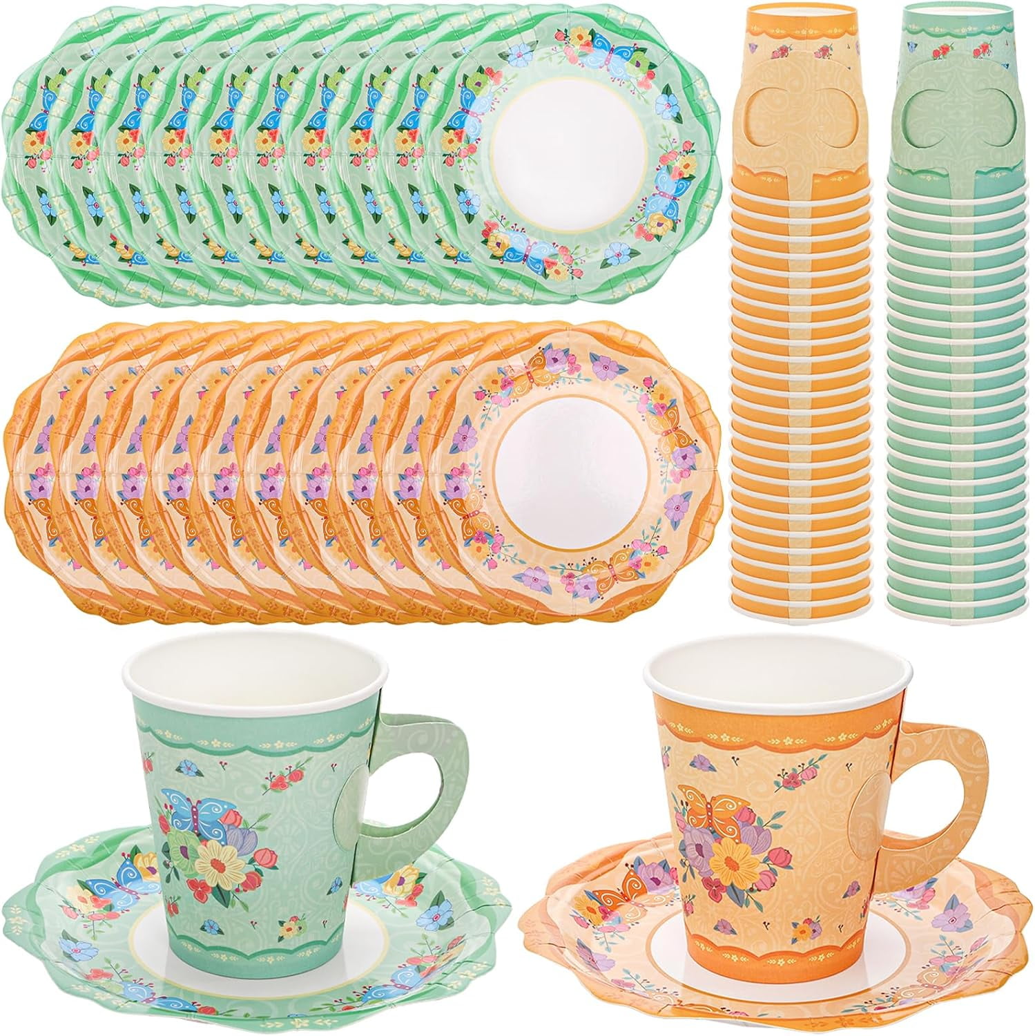 50 Pack Floral Paper Tea Cups and Saucers, 9 oz Disposable Butterfly ...