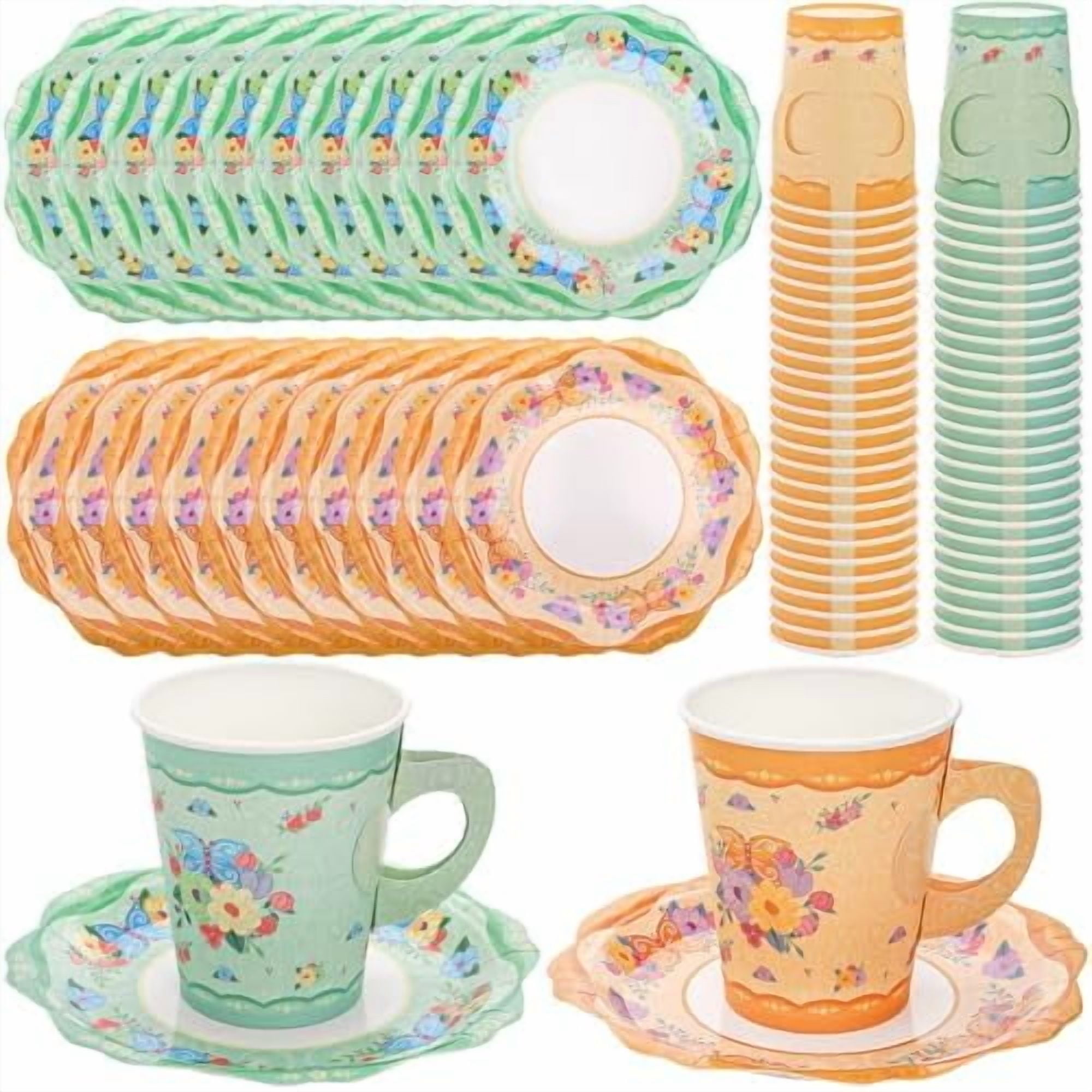 50 Pack Floral Paper Tea Cups and Saucers, 9 oz Disposable Butterfly ...