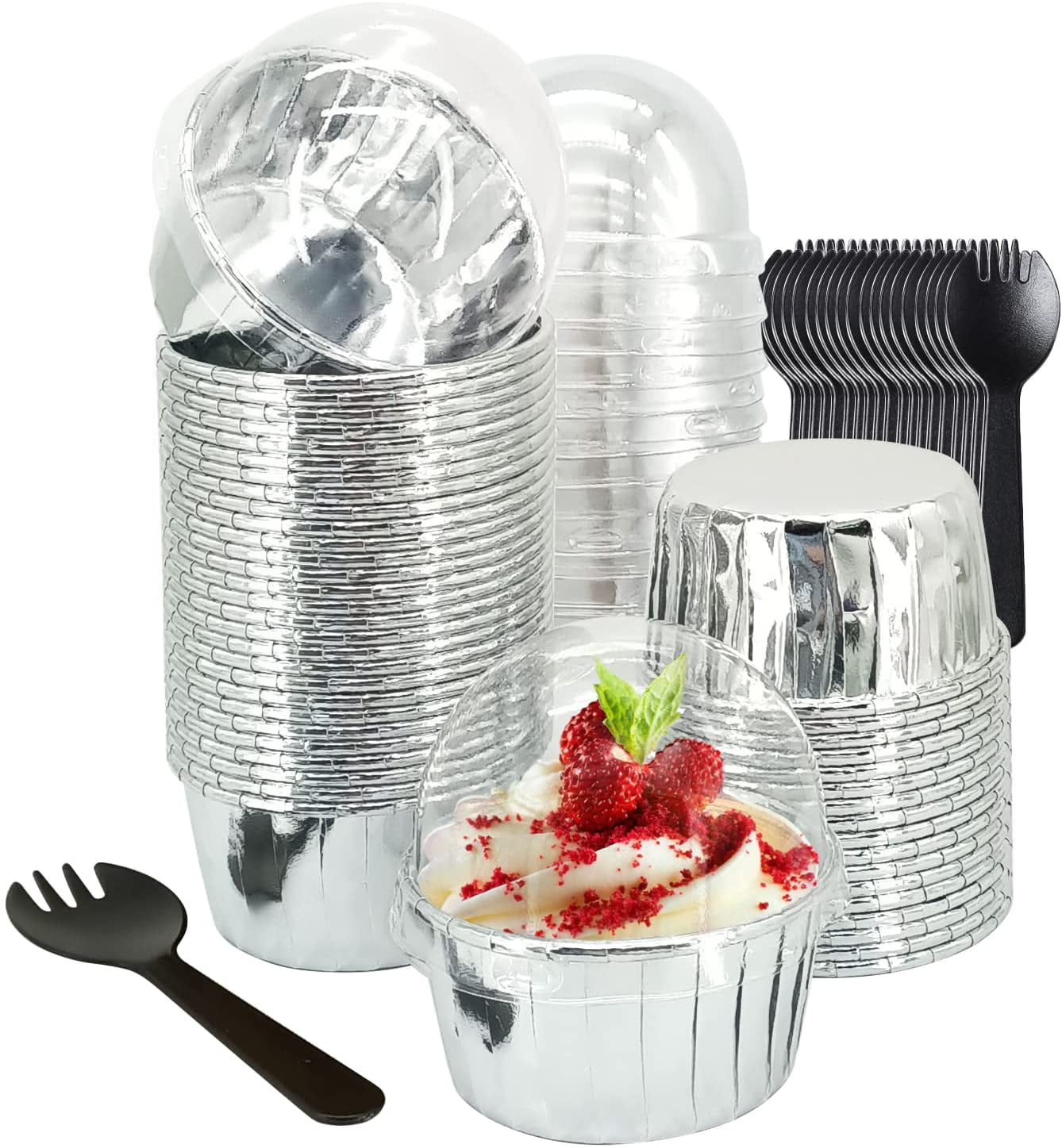 50 Pack Foil Cupcake Liners with Dome Lids,5oz Large Cupcake Cups ...