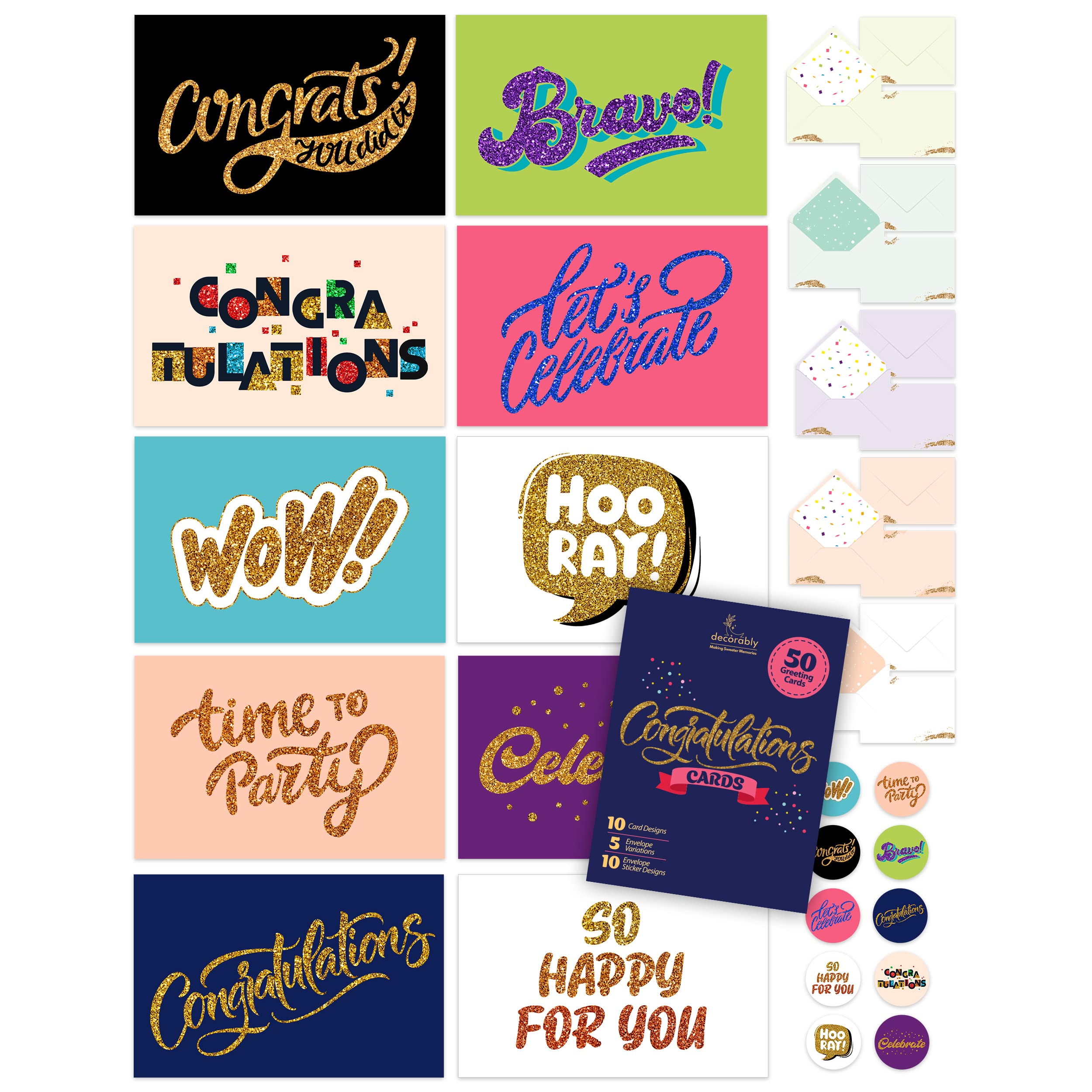 50 Pack Glittery Congratulations Card with Envelopes & Stickers - 6 ...