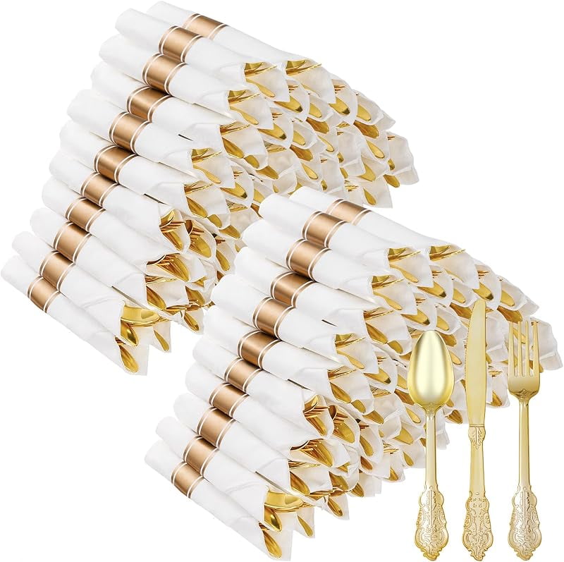 50 Pack Gold Plastic Silverware with Pre Rolled Napkins for 50 Guests ...