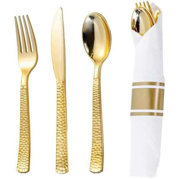 50 Pack Gold Plastic Silverware with Pre Rolled Napkins,Hammer Pattern ...