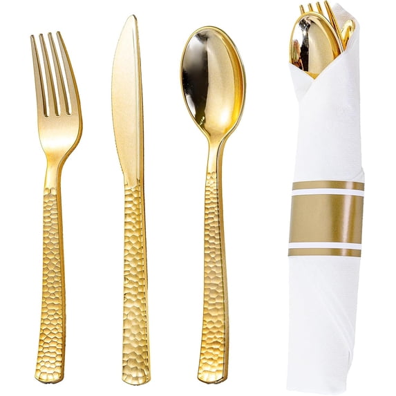 50 Pack Gold Plastic Silverware with Pre Rolled Napkins,Hammer Pattern ...