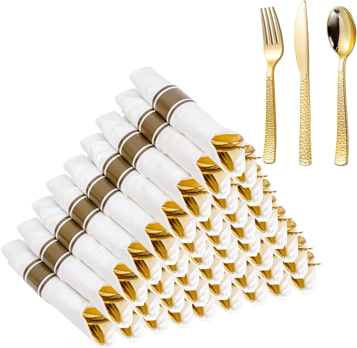 50 Pack Gold Plastic Silverware with Pre Rolled Napkins,Disposable ...