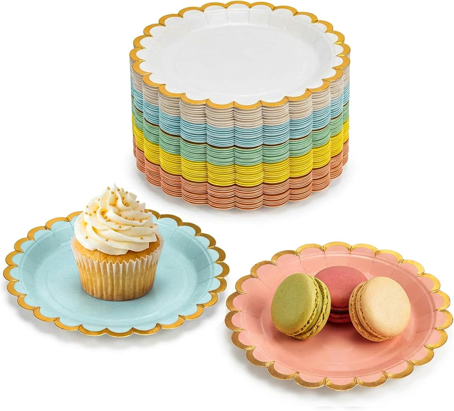 50 Pack Gold Scalloped Paper Plates — 7 Inch Assorted Pastel Dessert ...