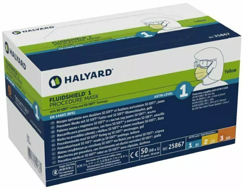 50 Pack Halyard Fluidshield Level 1 Procedure Face Mask Earloop Yellow ...