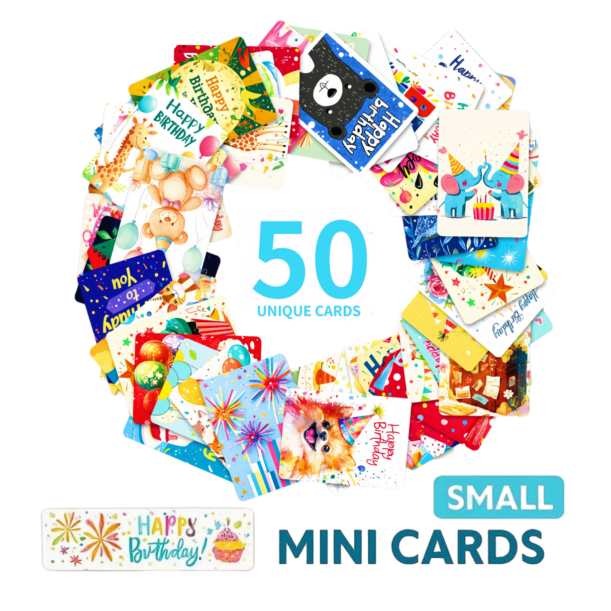50 Pack Mini Happy Birthday Cards – Assorted Cartoon Note Cards, Bulk ...