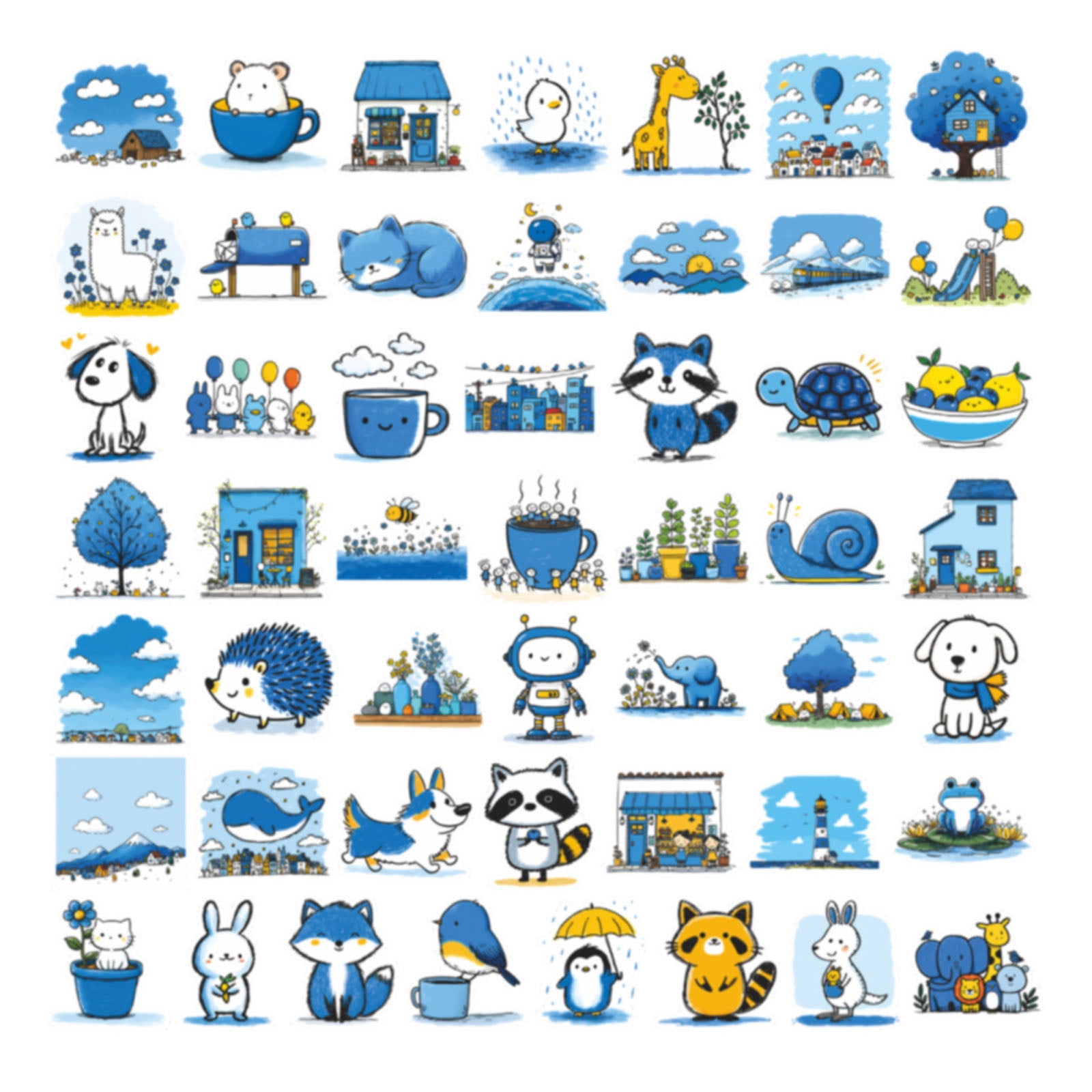 50-Pack Japanese-Style Blue & White Cartoon Animal Stickers ...