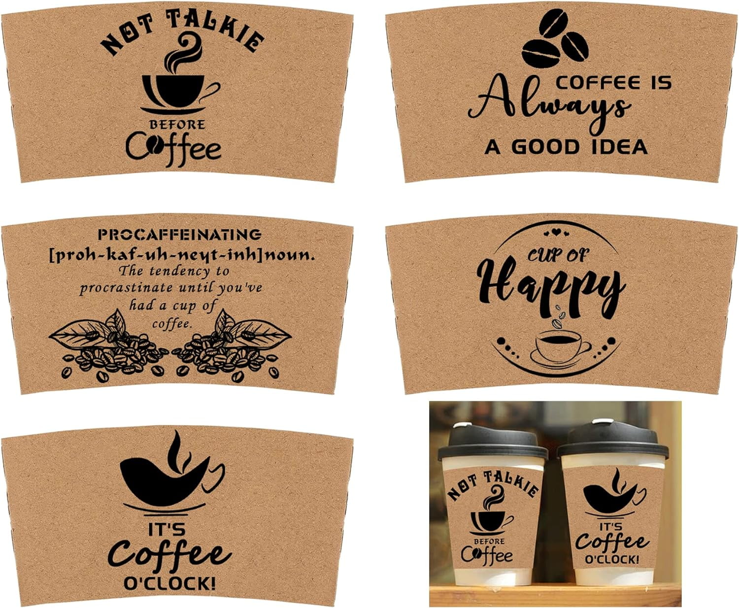 "FENGHEMINGA 50 Pack Kraft Coffee Cup Sleeves, Disposable, Fits 12oz ...