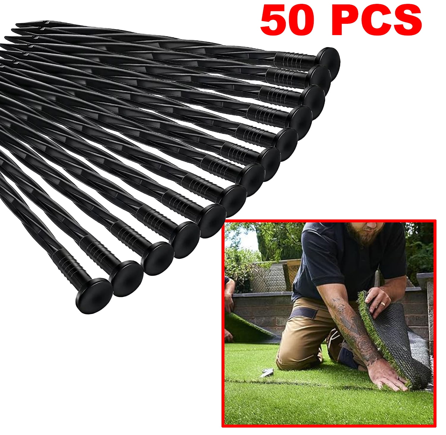 50 Pack Landscape Spikes - Black 8 Inch Spiral Plastic Garden Anchoring ...