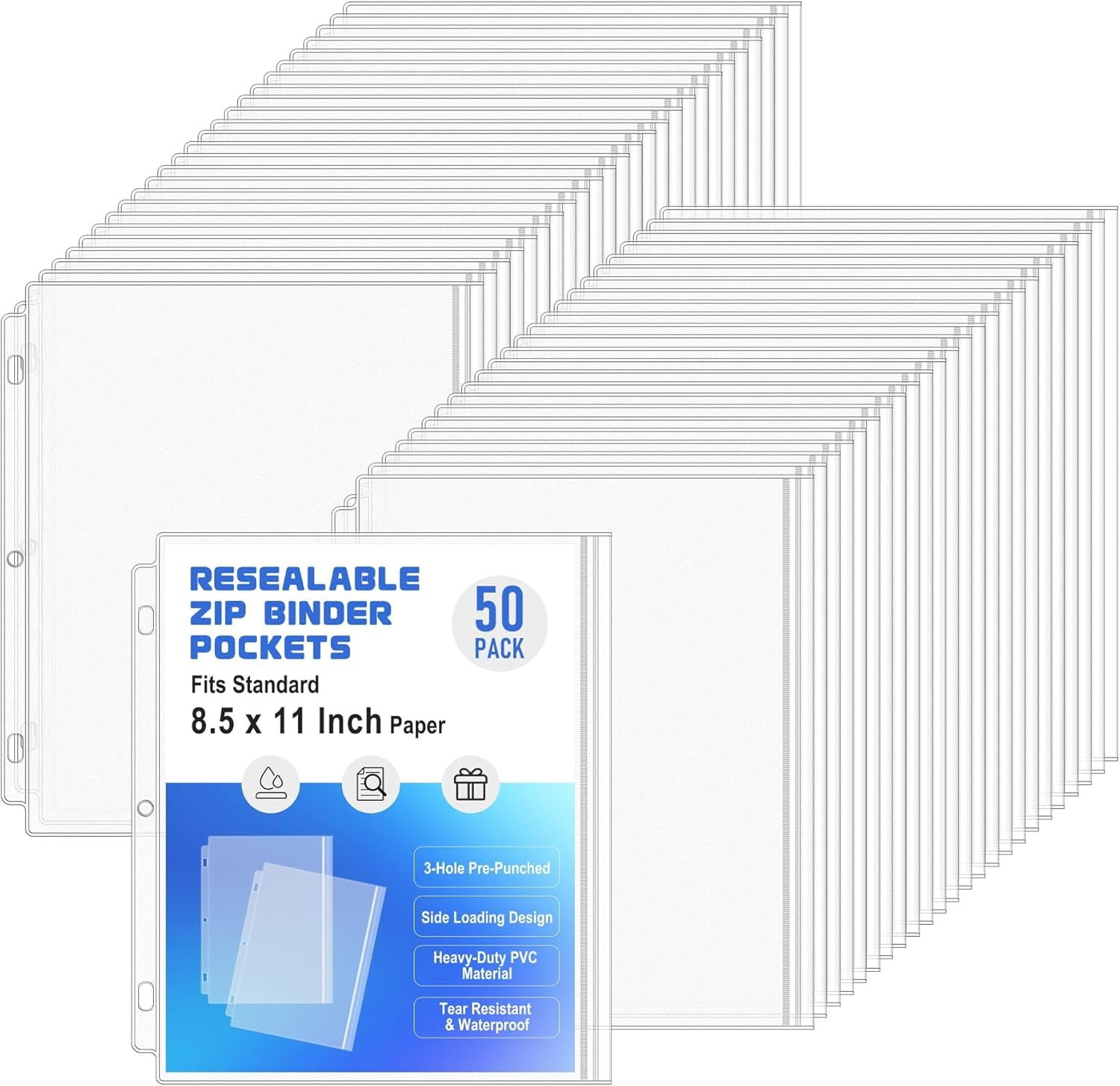 50 Pack Letter Size Binder Pockets for 3 Ring Binder, Resealable Zip ...