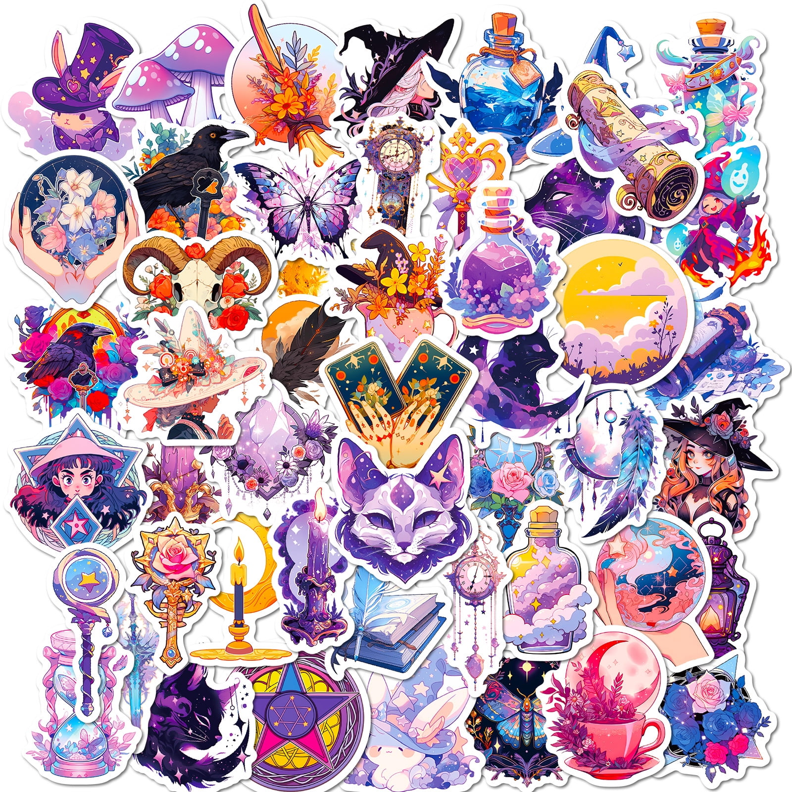 50-Pack Magic Elements Stickers - Purple Wizard, Witch, Iridescent ...