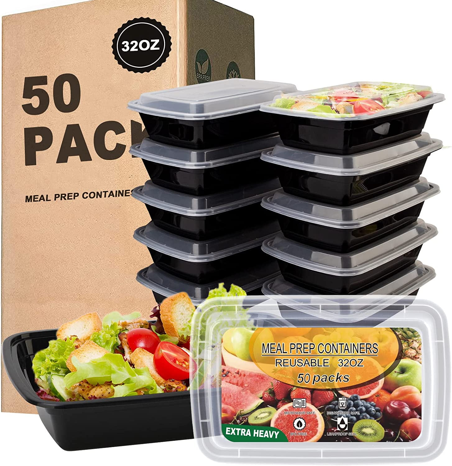 50 Pack- Meal Prep Containers 32oz, Plastic Food Prep Containers ...