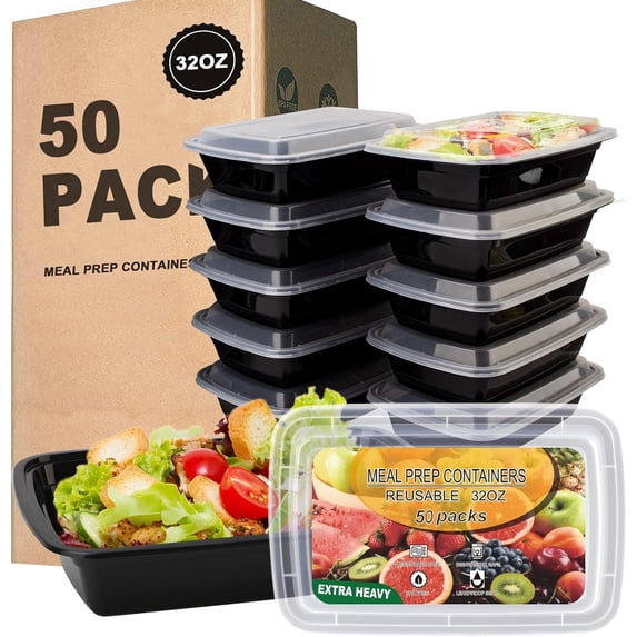50 Pack- Meal Prep Containers 32oz, Plastic Prep Containers , Leakproof ...
