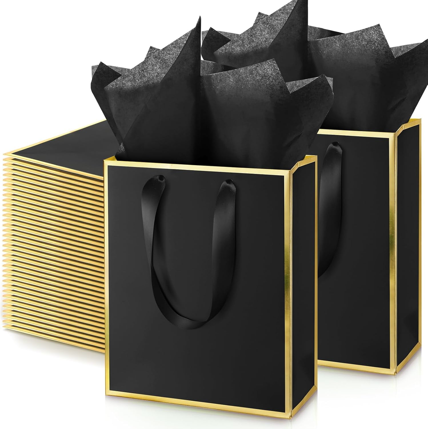 50 Pack Metallic Gift Bags with Handle and Tissue Paper Gold Foil Thank ...