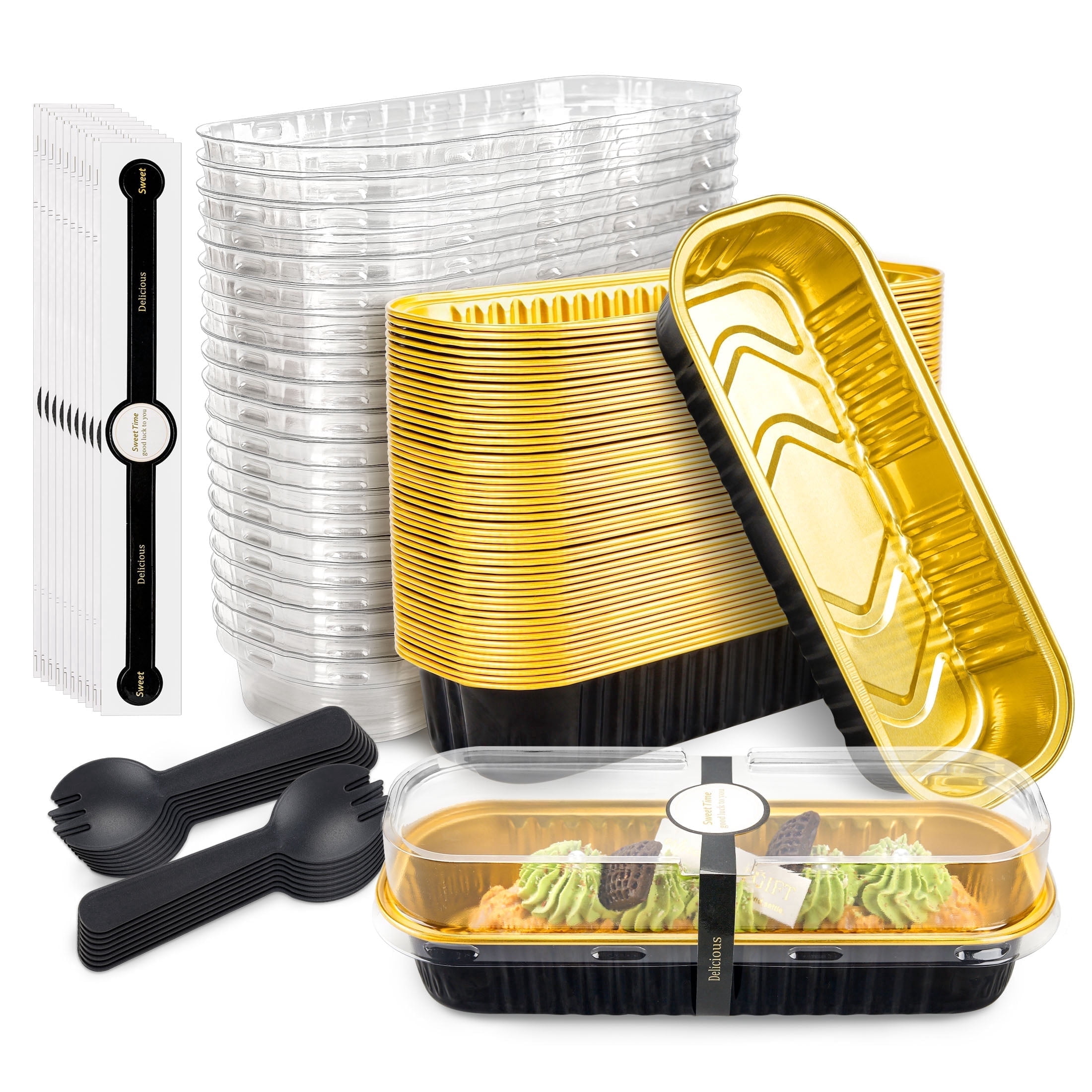 50 Pack Mini Cake Pans with Lids & Spoons, 6.8oz Rectangular Aluminum ...