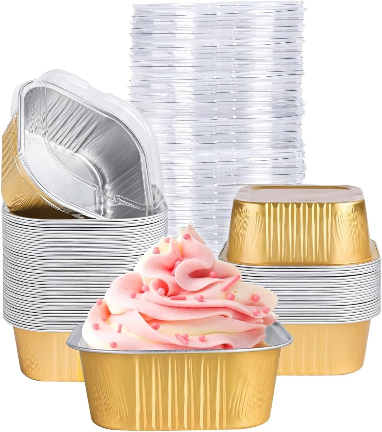 50 Pack Mini Cake Pans with Lids, Square Aluminum Foil Brownie Baking ...