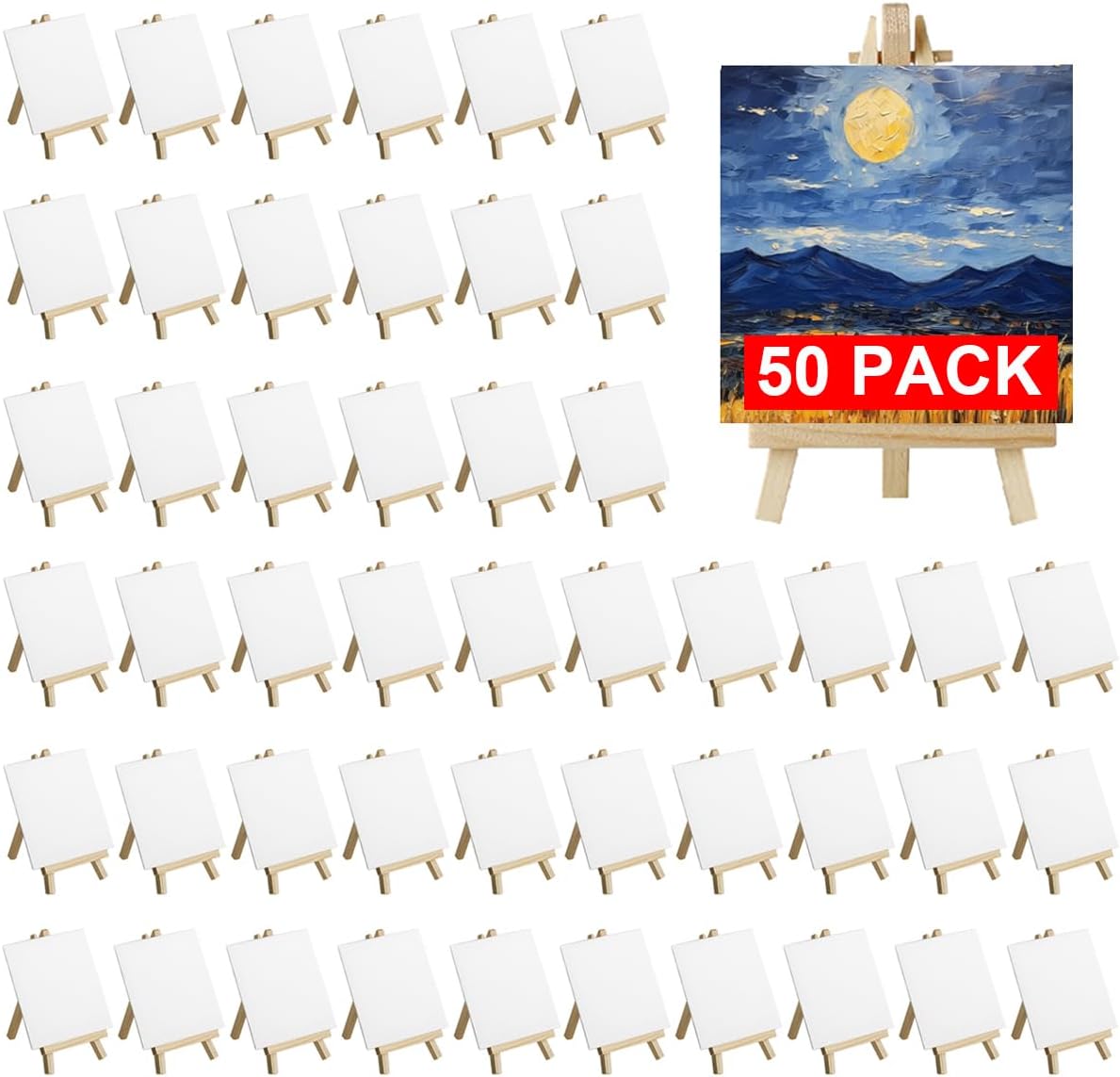 50 Pack Mini Canvas and Easel Set Bulk, 4x4 inch Small Canvases for ...