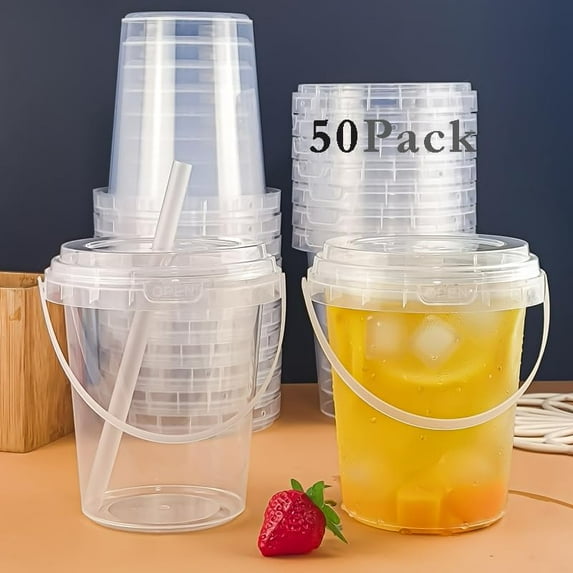 50 Pack Mini Drink Buckets with Lids and Straws, 17.63oz Plastic Party ...