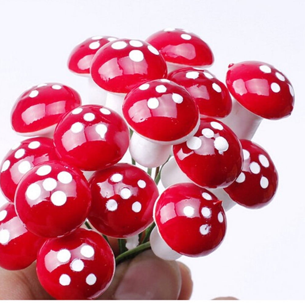 50 Pack Mini Red Mushroom Garden Ornaments Small Potted Plant Decor for ...