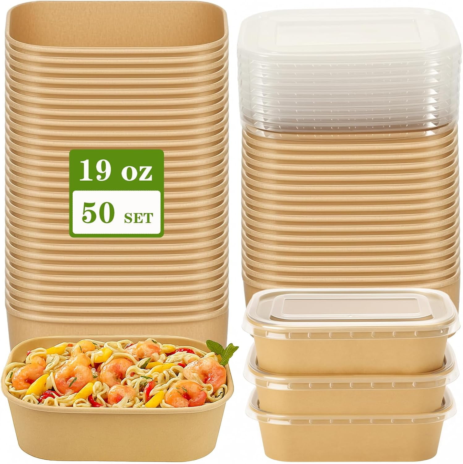 50-Pack Paper Meal Prep Containers with Lids – 19oz Kraft Cardboard ...