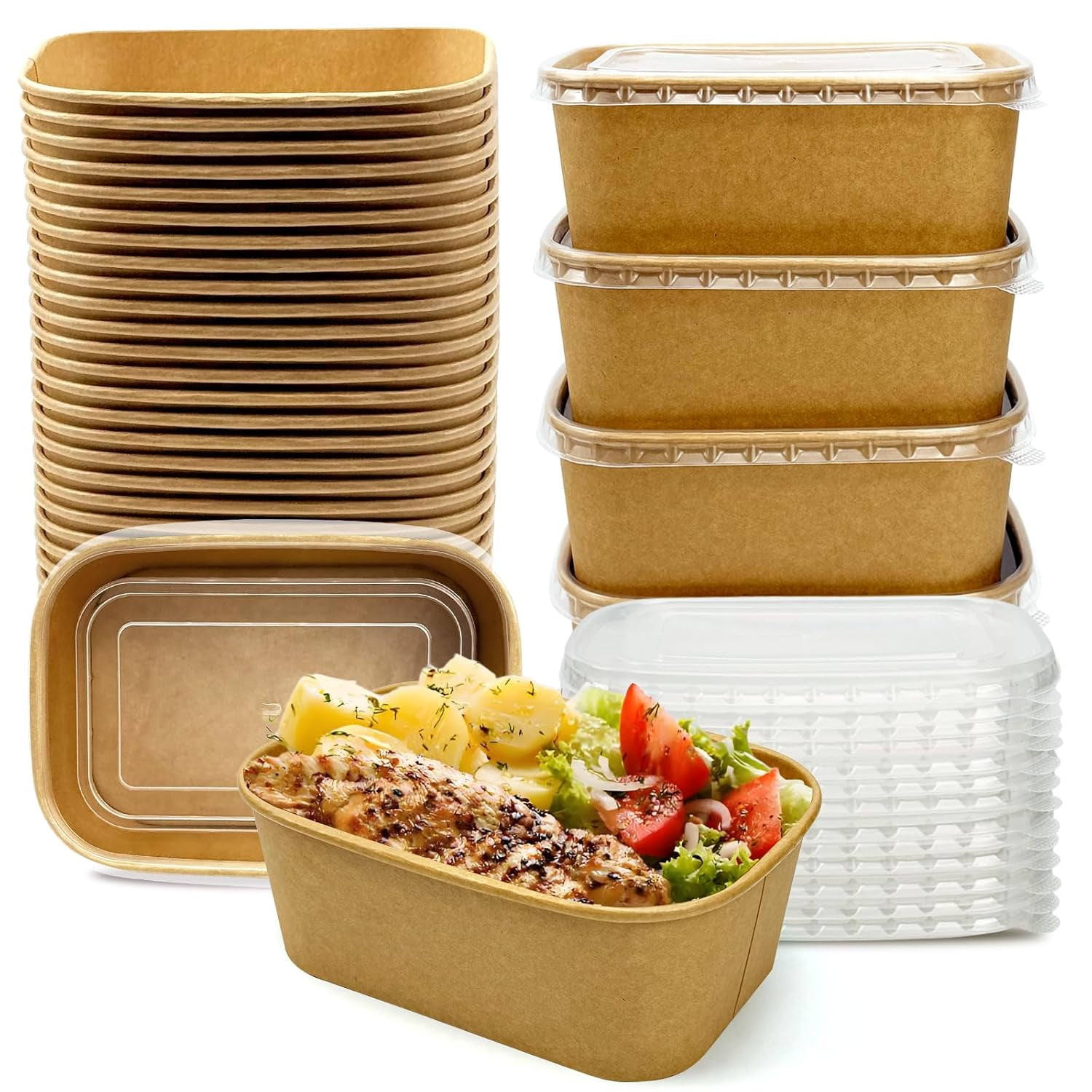 50 Pack Paper Meal Prep Containers with Lids, 20 oz Disposable and ...