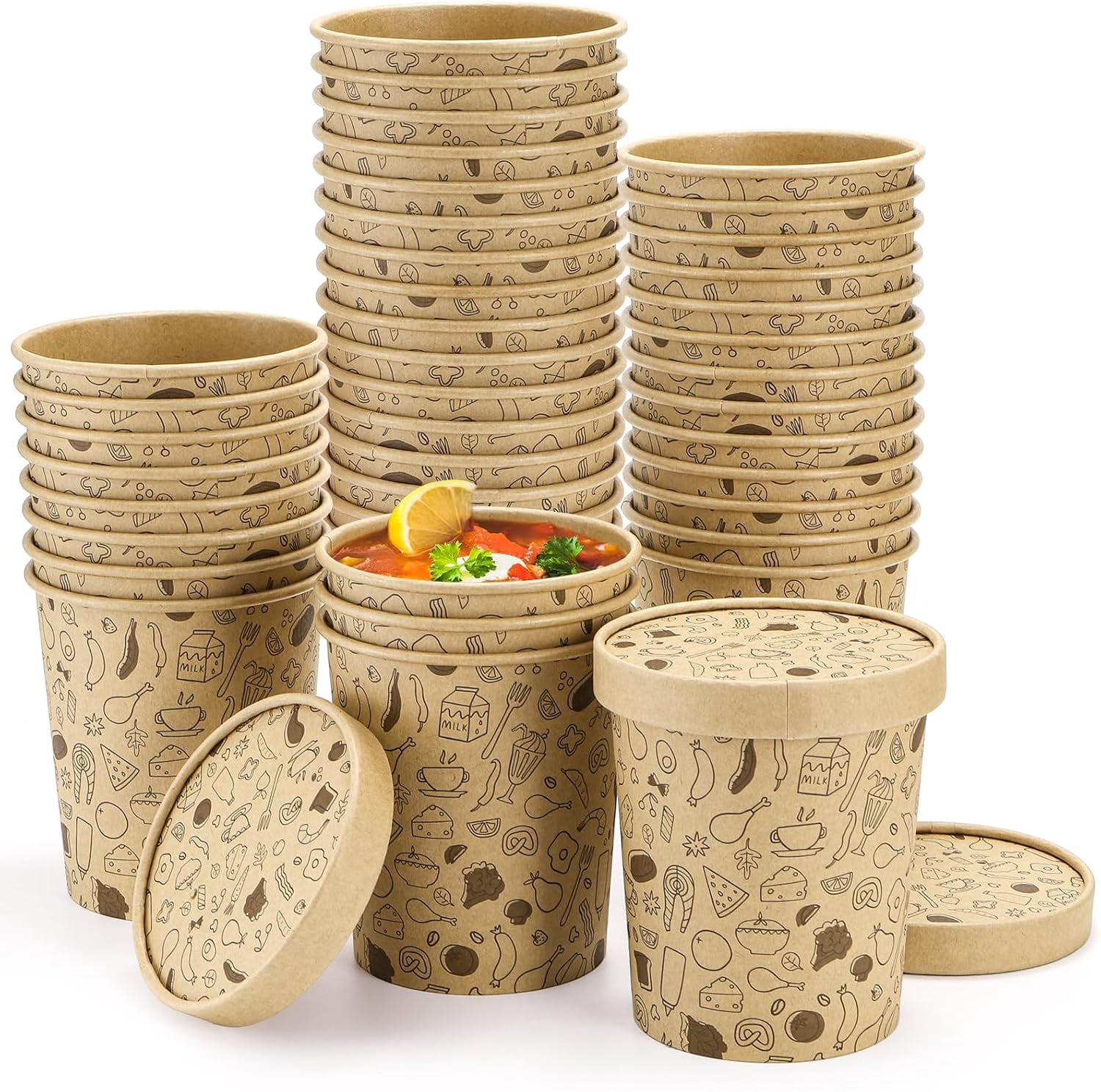 50 Pack Paper Soup Containers with Lids, 16 oz Disposable Kraft Food ...