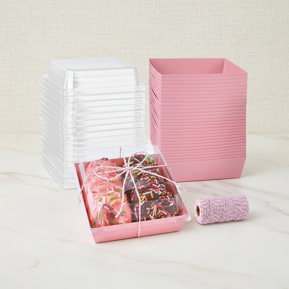 50 Pack Pink Paper Charcuterie Boxes with Clear Lids, Square To Go Cake ...