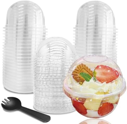 50 Pack Plastic Cups with Dome Lids and Spoons, 8 oz Clear Dessert Cups ...
