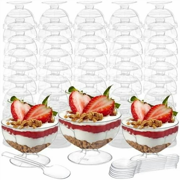 50 Pack Plastic Dessert Cups Short Stem Cups with Spoons, 4 Oz Mini ...