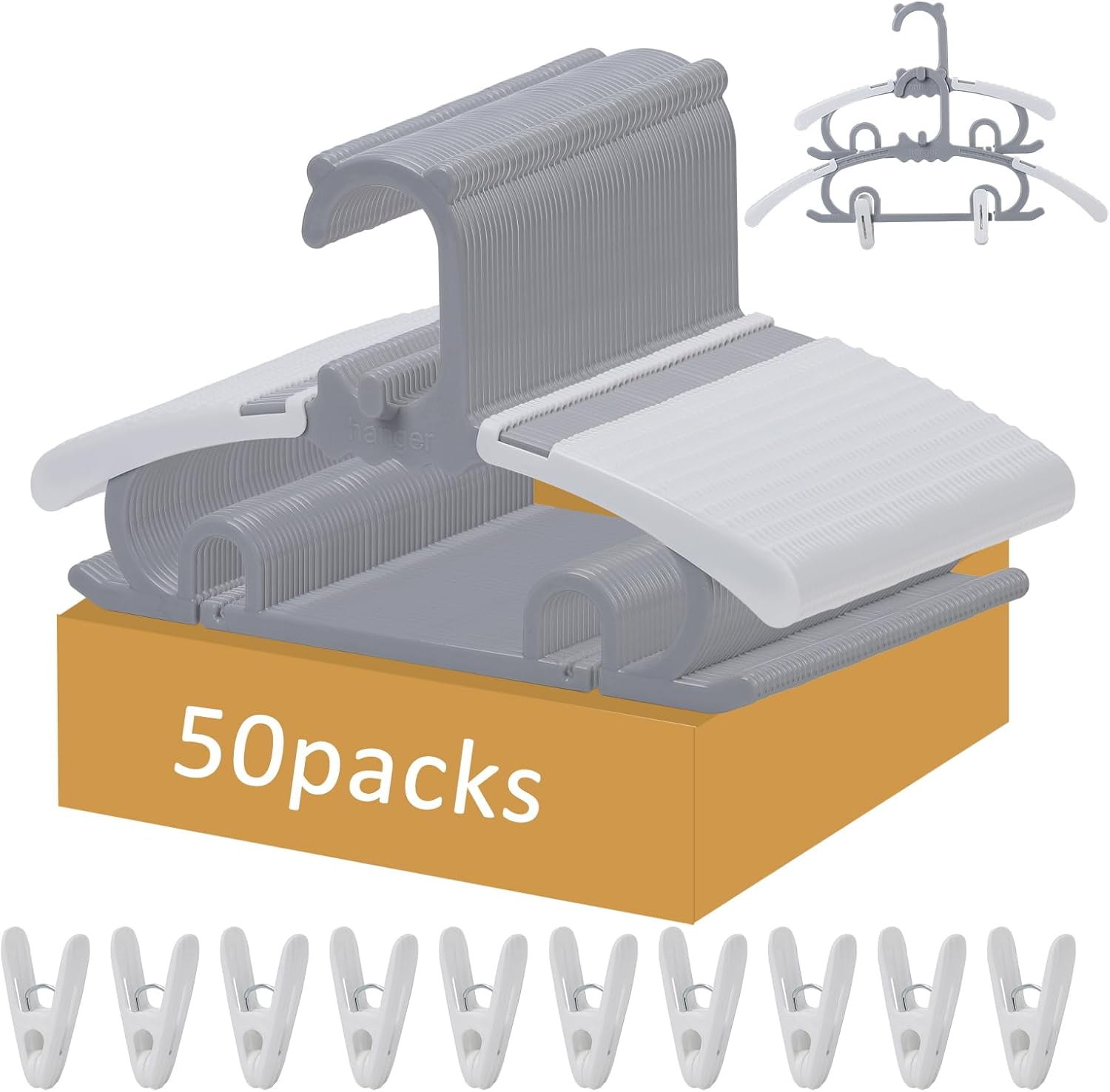 50 Pack Plastic Hangers with 16 Clips, 11-15 inch Adjustable Clothes ...