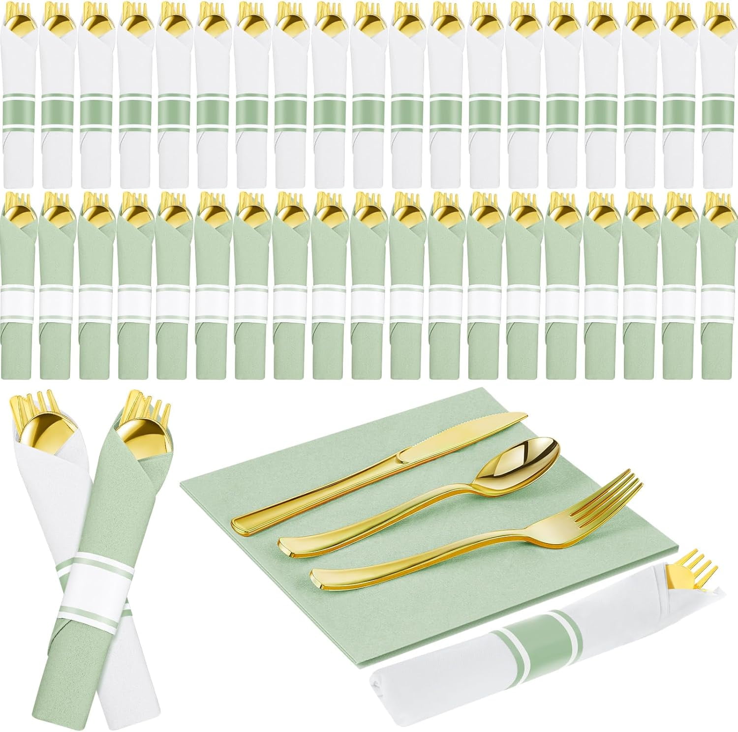 50 Pack Pre Rolled Gold Plastic Silverware Set Disposable Wrapped ...