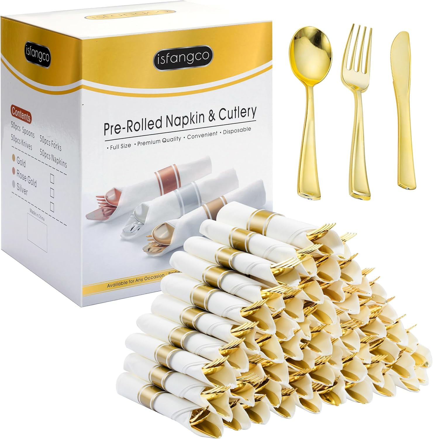 50 Pack Pre Rolled Gold Plastic Silverware Set with Napkins,Disposable ...