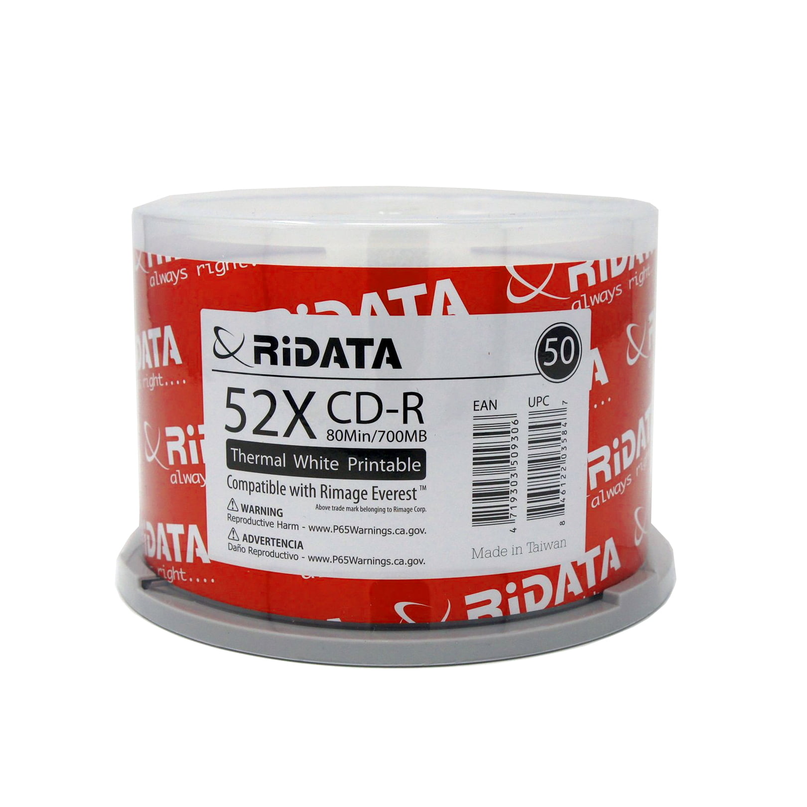 50 Pack Ridata CD-R 52X 700MB 80Min White Thermal Hub Printable Blank ...