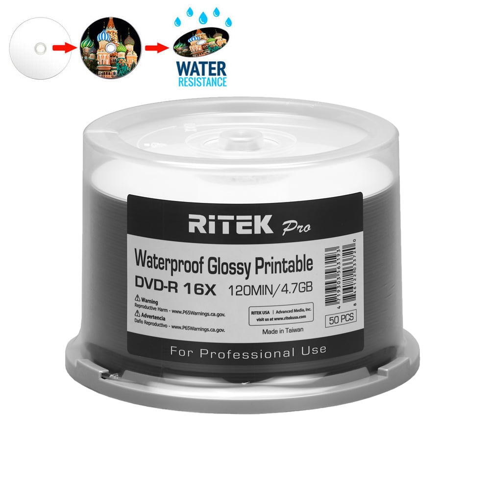 Ritek Pro 50 Pack DVD-R 16X, 4.7GB, AZO Dye, Glossy White Inkjet Printable - Walmart.com