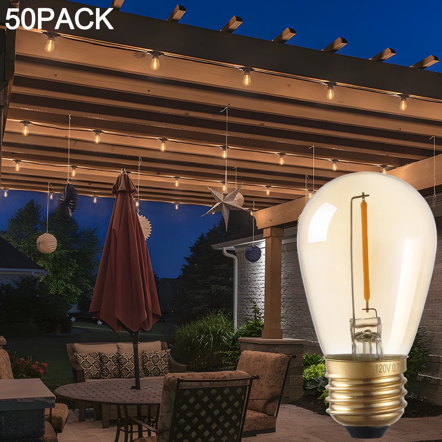 50 Pack S14 LED Bulb, Amber Warm Glass LED Replacement Bulbs, 2200K Amber String Lights, 0.7W ...