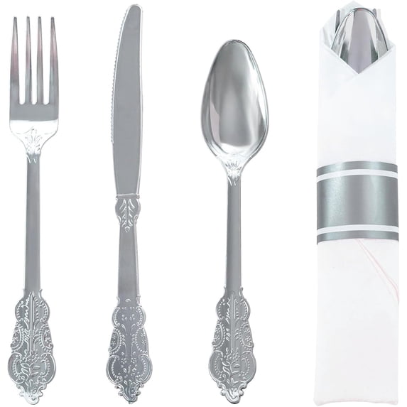 50 Pack Silver Plastic Silverware, Wrapped Silverware Set Disposable ...