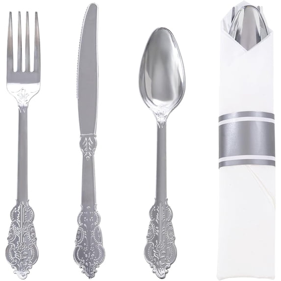 50 Pack Silver Plastic Silverware, Wrapped Silverware Set Disposable ...