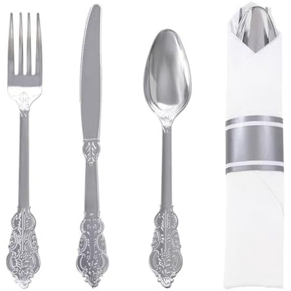 50 Pack Silver Plastic Silverware, Wrapped Silverware Set Disposable ...