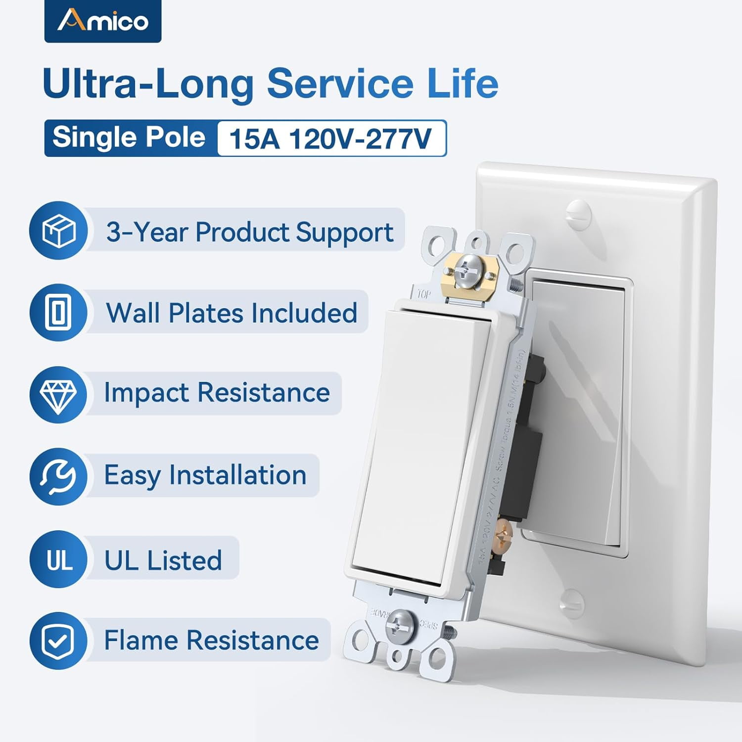 50 Pack Single Pole Light Switch with Wall Plate, UL Listed, 15A 120 ...